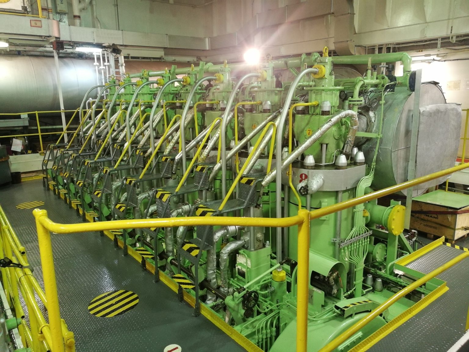 Main engine cylinder heads in view from the top platform
